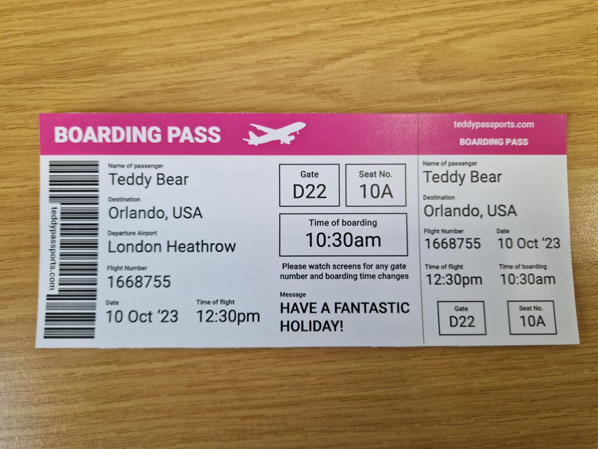 Surprise Travel Boarding Pass | Teddy Bear Passports